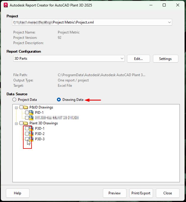 How to filter the Data Manager to show data for a selection of drawings in AutoCAD Plant 3D