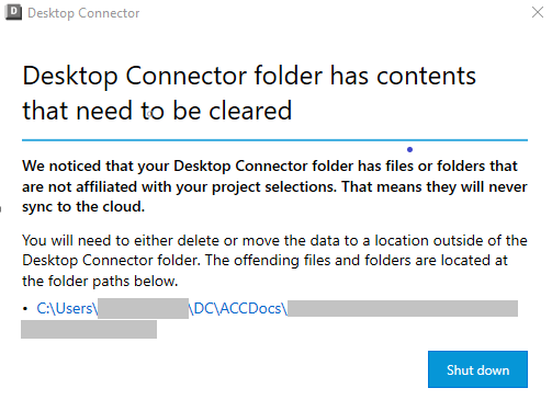 "Desktop Connector folder has contents that need to be cleared ...