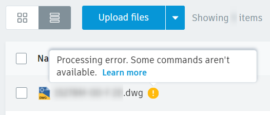 "Processing error. Some commands aren't available" is displayed in BIM 360 or ACC Docs next to a ...