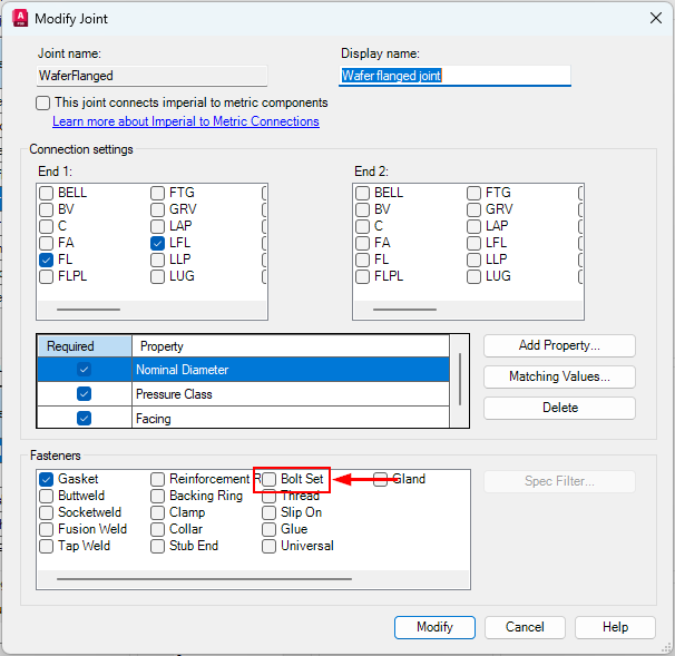 Wafer flanged joint adds two bolts sets instead of one in AutoCAD Plant 3D