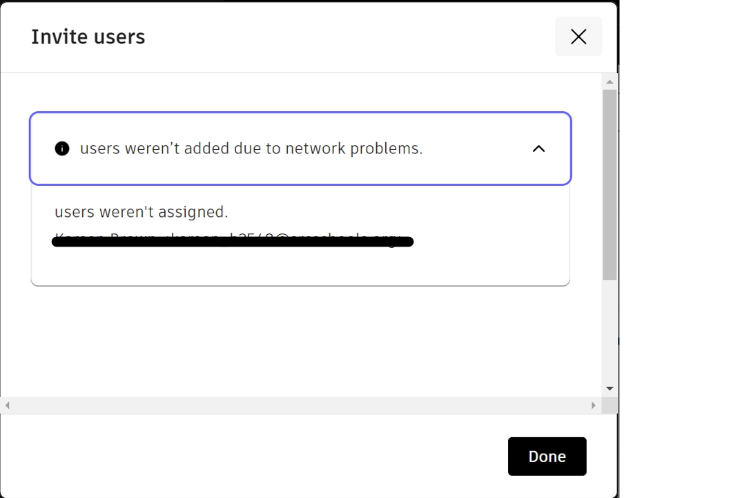 "Users weren't added due to network problems" when inviting users
