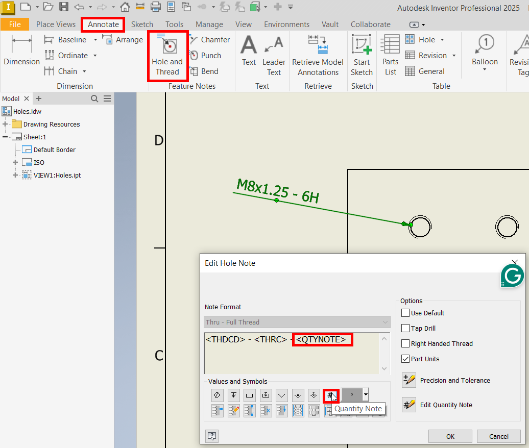 Is it possible in Inventor drawing to calculate or display the number of holes of a given size
