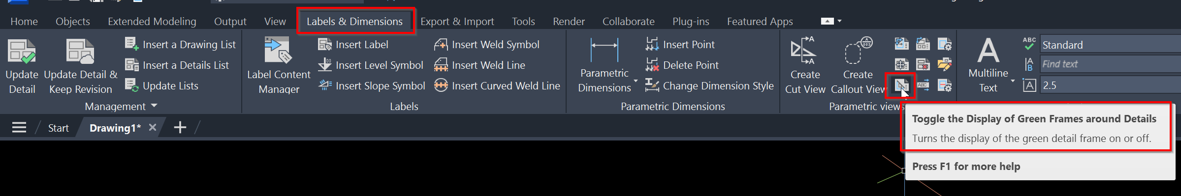 Green frames disappeared from detail drawings in Advance Steel