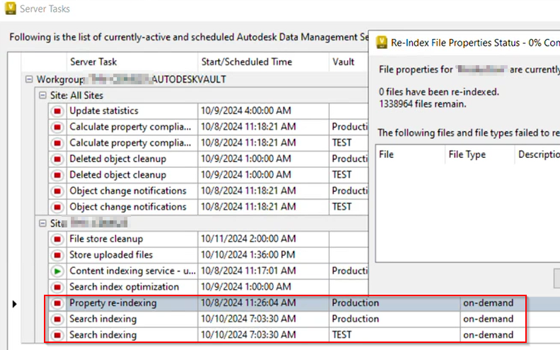 Vault search index server task start but do not progress for several days