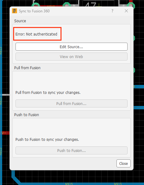 "Error: Not authenticated" when trying to push PCB board from EAGLE to Fusion