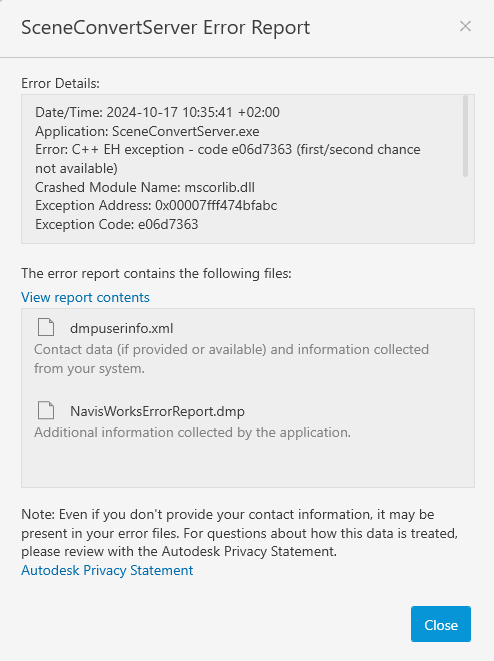 "SceneConvertServer Error"""" durante il caricamento di file di ...