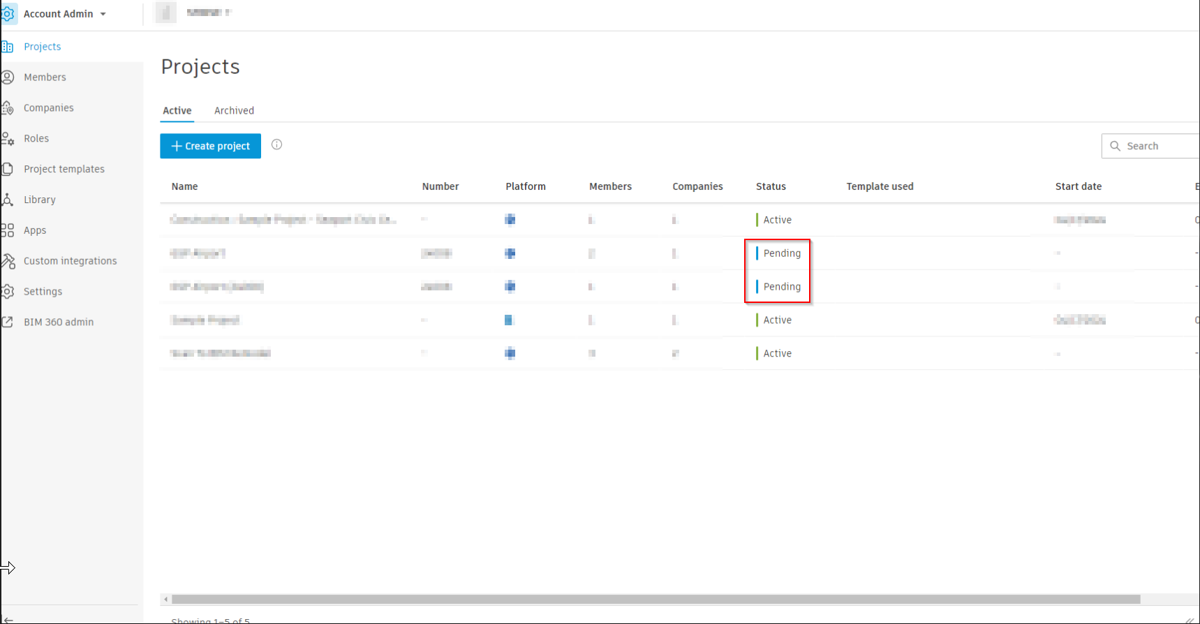 Newly created project shows as Inactive/Pending in BIM 360 or ACC