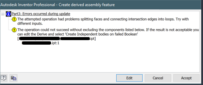 "Errors occurred during updates" in Inventor