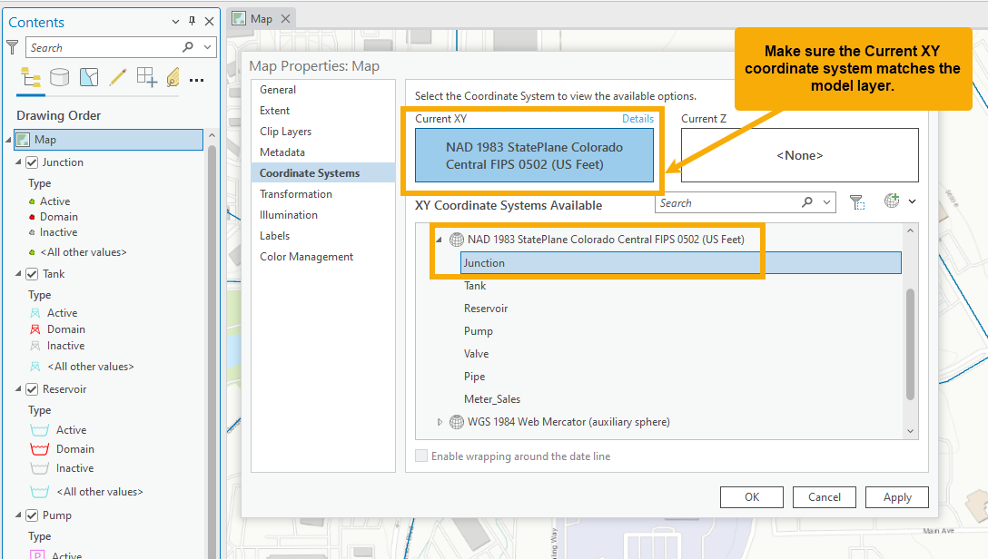 How to correct coordinate system issues in InfoWater Pro