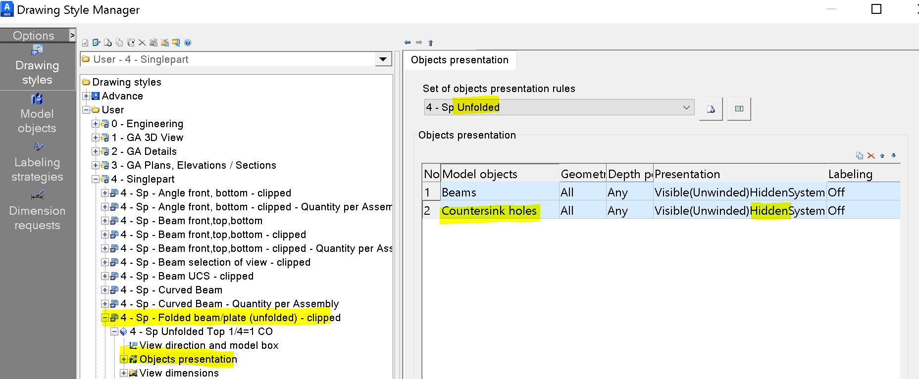 Incomplete countersink hole symbol on a folded plate in Advance Steel