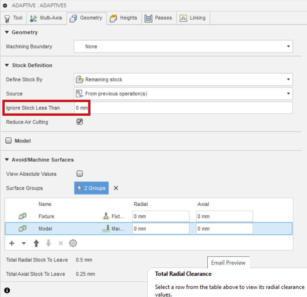 3D Adaptive operation gouges stock in Fusion