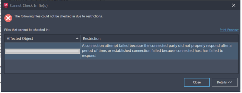 "A connection attempt failed because the......" error occurs during check-in files into Vault ...