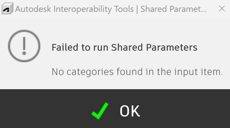 Failed To Run Shared Parameters No Categories Found In The Input Item Is Displayed In