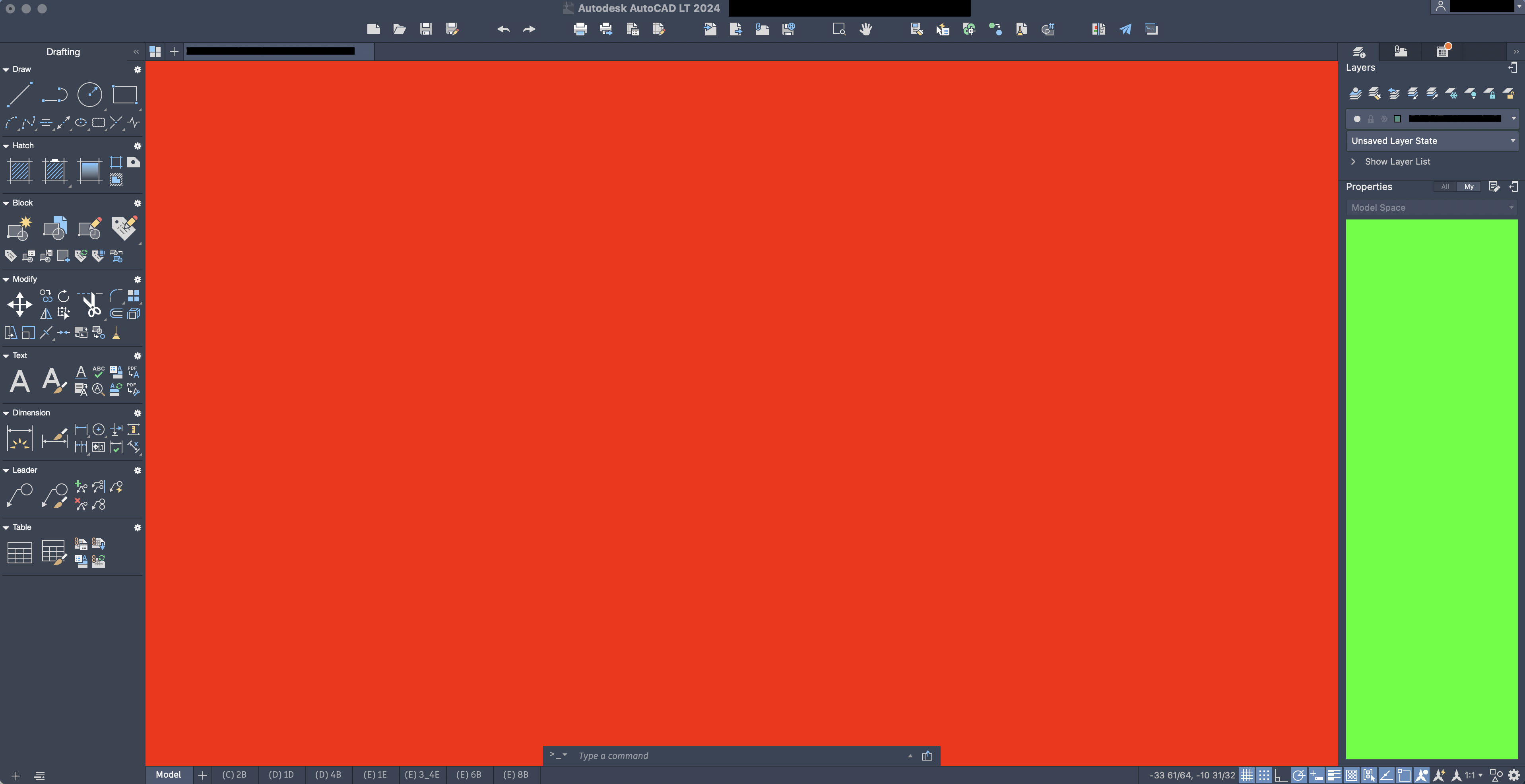 Parts of AutoCAD LT for Mac 2024 workspace blocked out in solid color