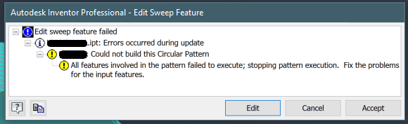 "Errors occurred during updates" when modeling with a Circular Patterns ...