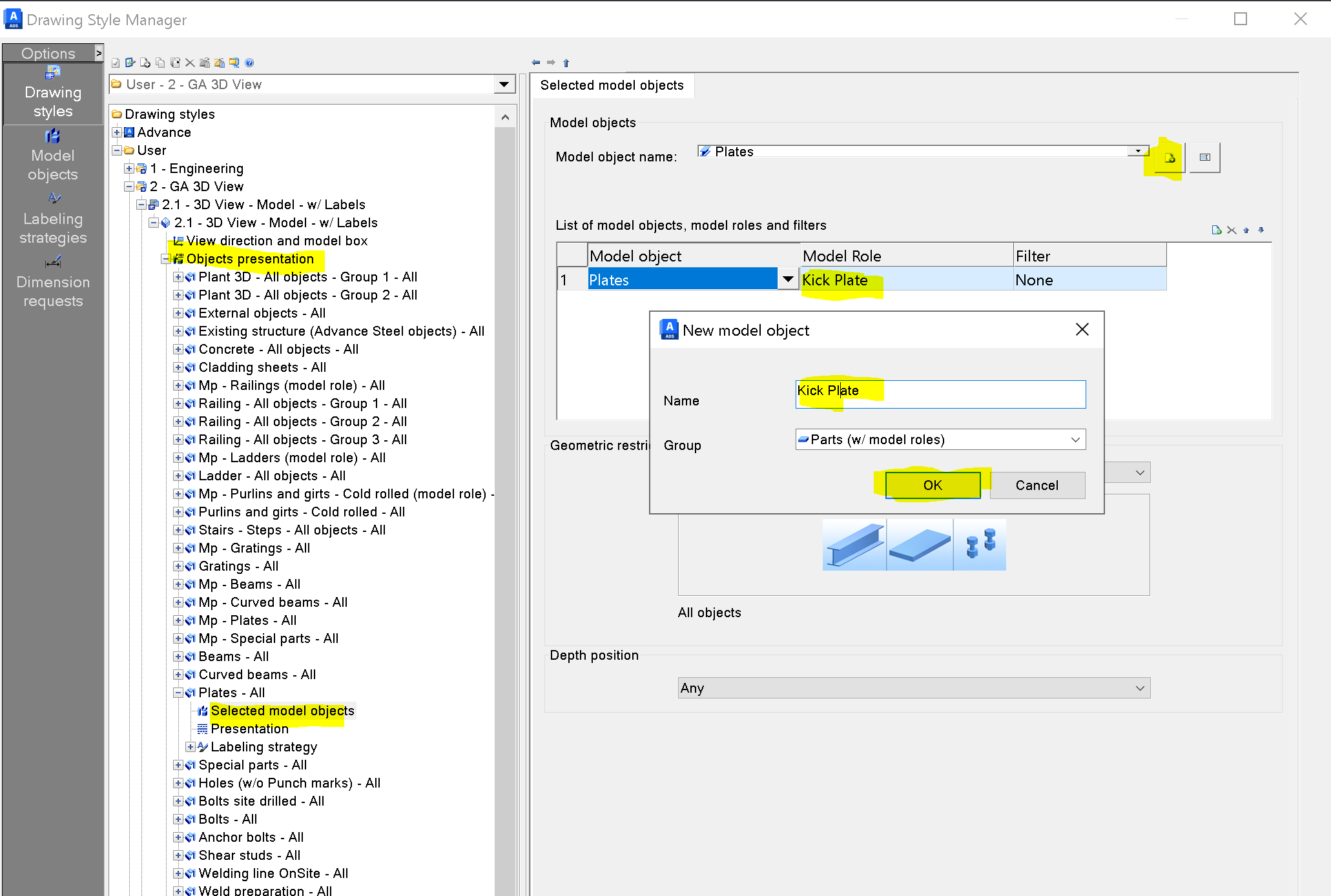 How to control visibility of the specific model role parts on drawings in Advance Steel