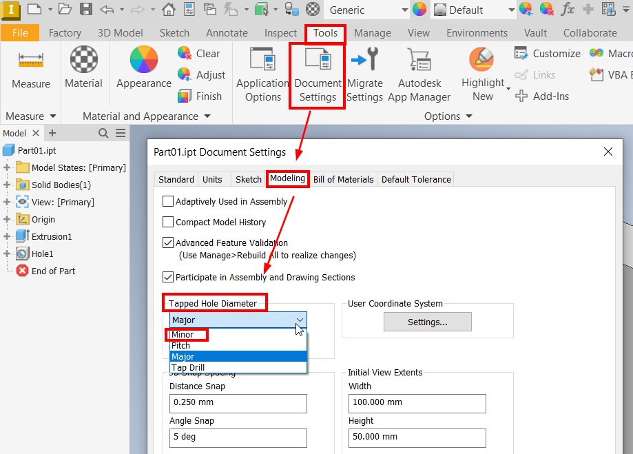 Inventor drawing does not display hole thread correctly
