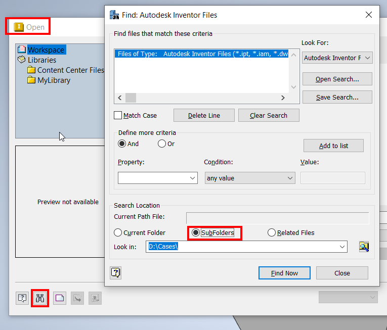 The Open Find Files With Option Subfolders Is Not Searching In Subfolders In Inventor