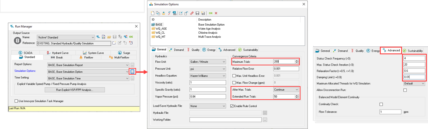 Recommended Simulation Options for best convergence in InfoWater Pro