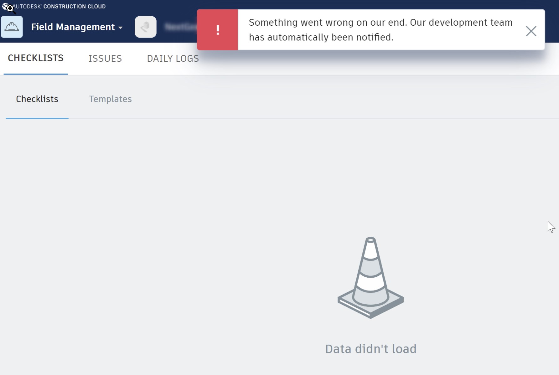 "Data didn't load" when trying to access BIM 360 Field Management Checklists page