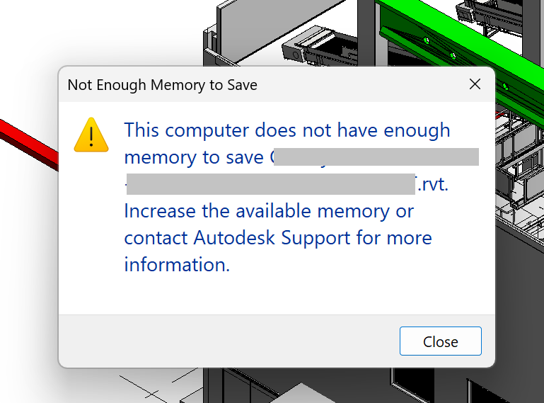“此计算机内存不足...”在 Revit 中导入 SAT 文件并将项目保存之后