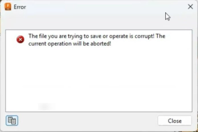 "The file you are trying to save or operate is corrupt..." when saving ...