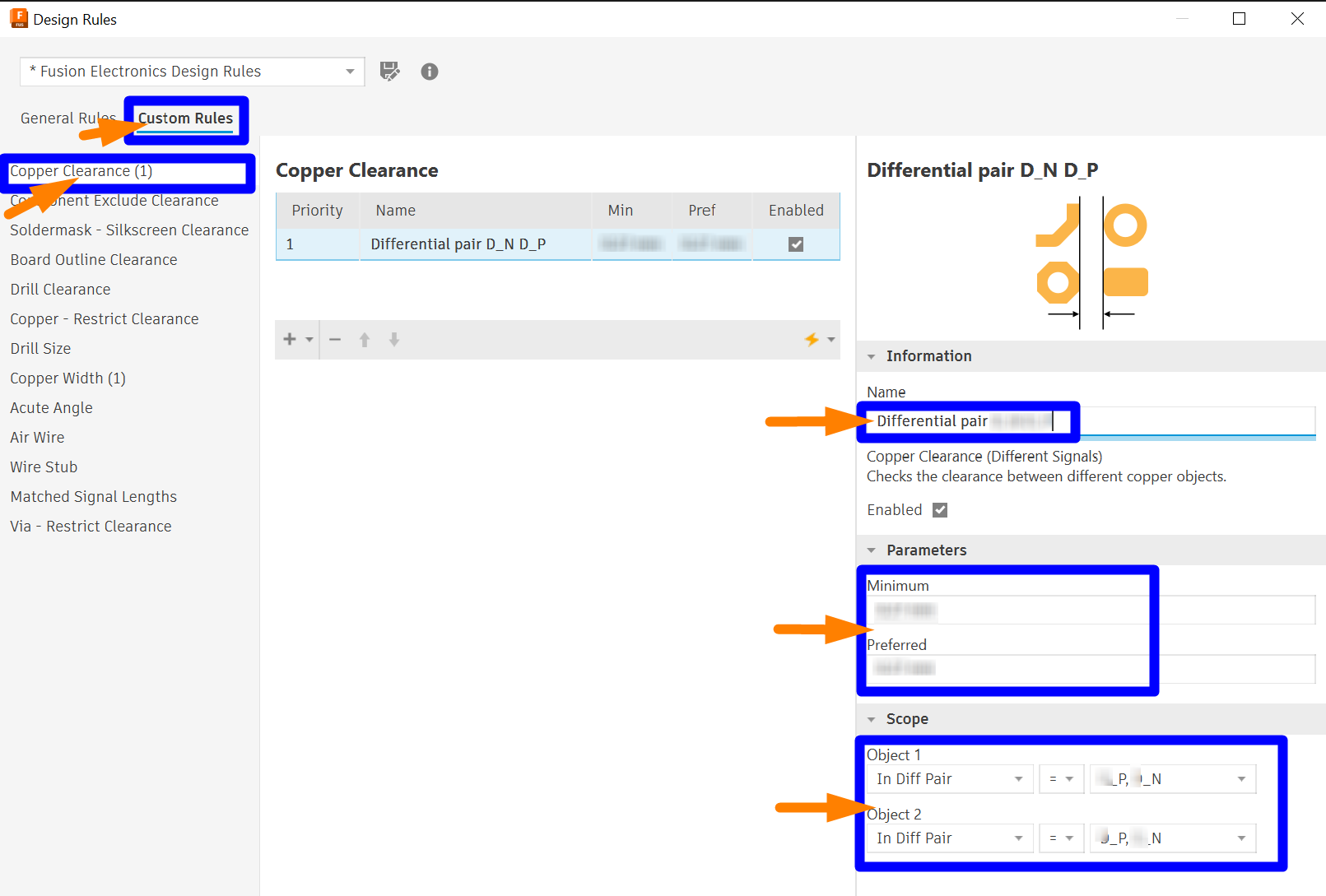 How to configure differential pair trace width and spacing in Fusion PCB