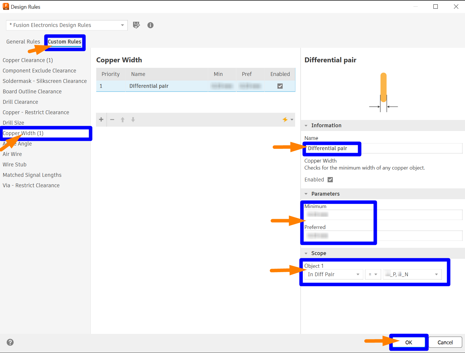 How to configure differential pair trace width and spacing in Fusion PCB
