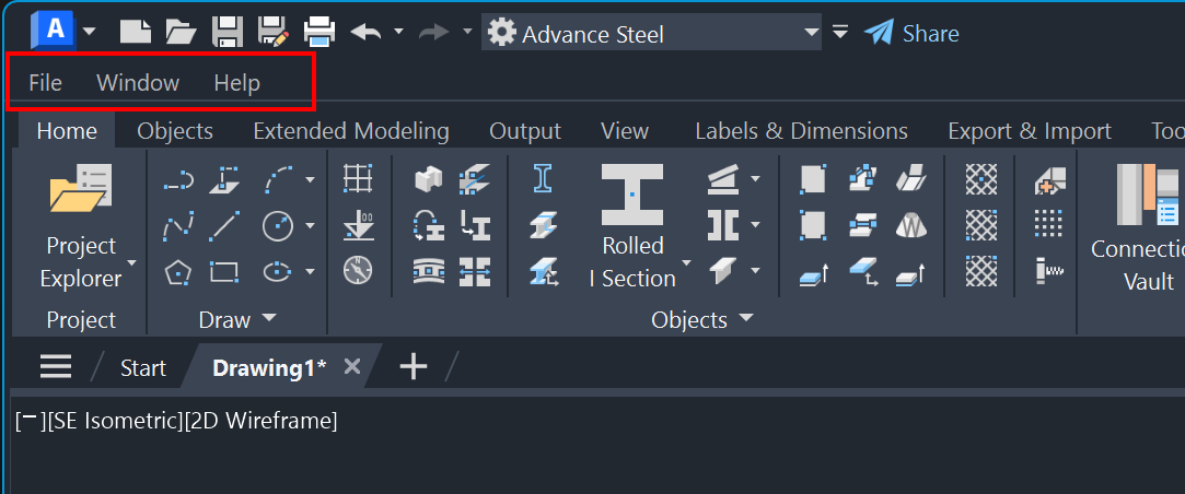 Menu bar shows only File, Window, and Help in Advance Steel