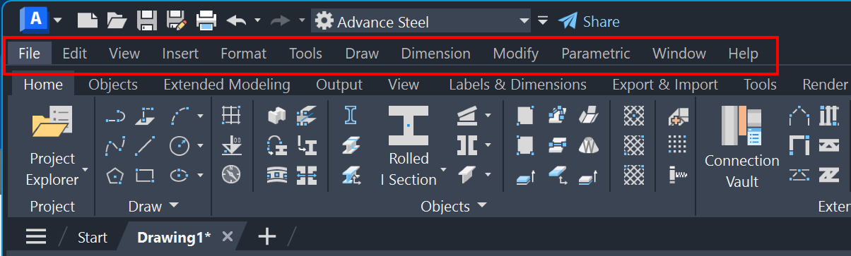 Menu bar shows only File, Window, and Help in Advance Steel