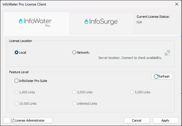 初始化 InfoWater Pro 时会打开许可客户端，但没有用于使用 Autodesk 凭据登录的选项