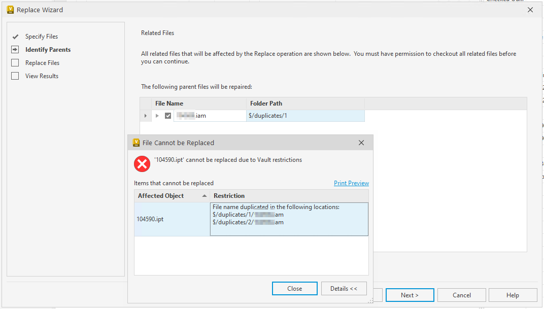 Vault Replace Component does not follow Duplicate Folder exclusions