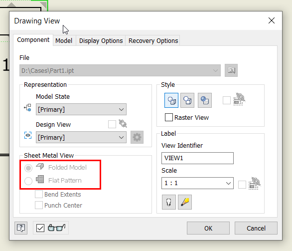 How to switch Sheet Metal View from Folded Model to Flat Pattern in Inventor drawing