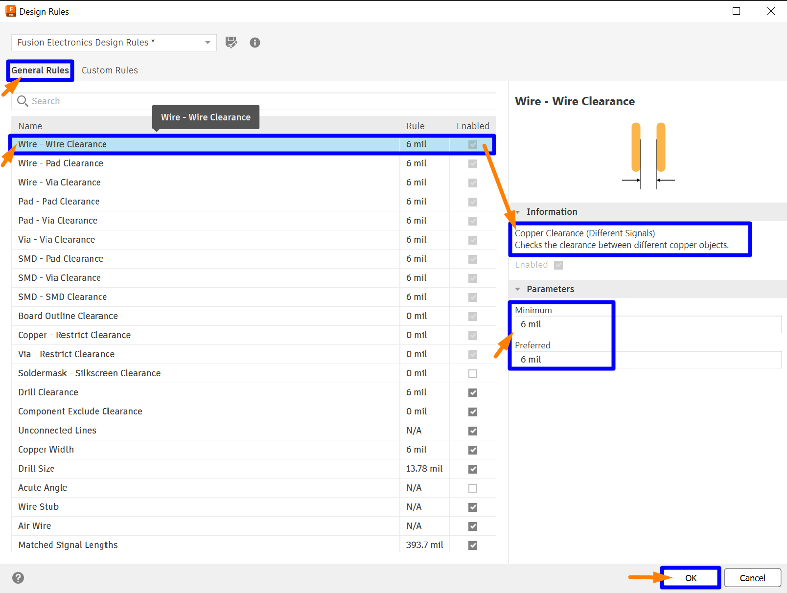 How to change route wire clearance in Fusion Electronics