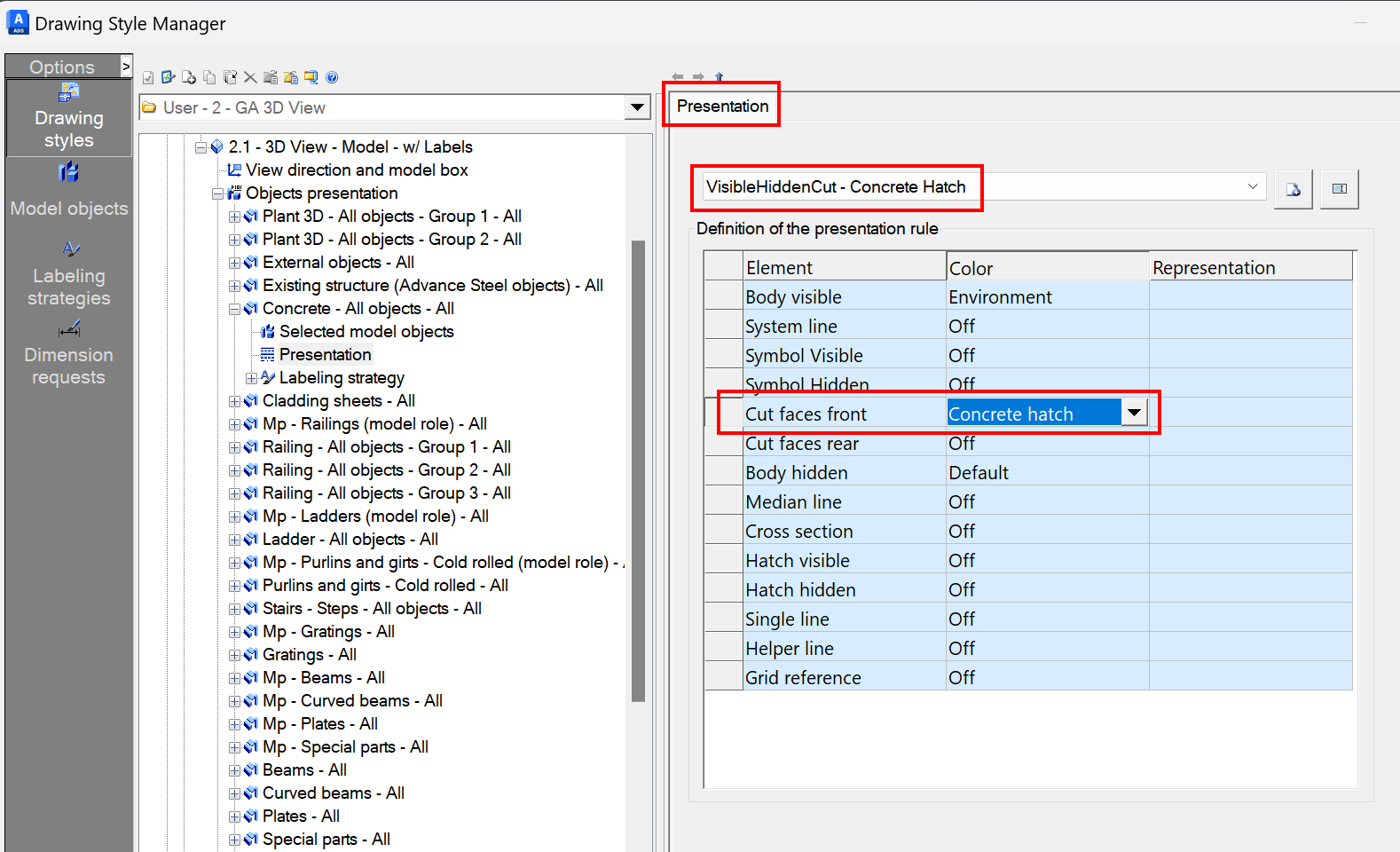 Adding hatch for concrete objects in section details in Advance Steel