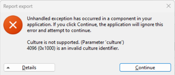 "Unhandled exception ... Culture is not supported" when exporting BOM ...