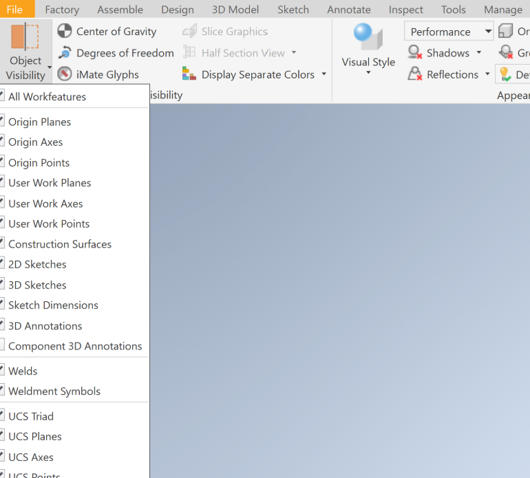 Making part triad visibility when placing to assembly in Inventor
