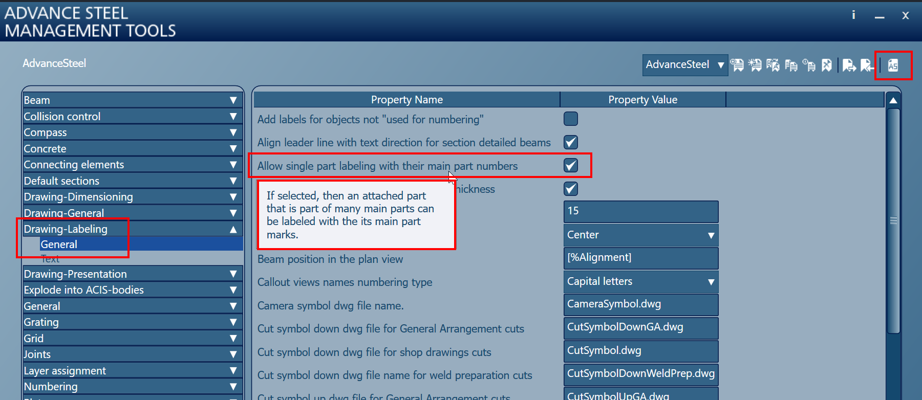 Main Part Mark empty in manual labels for attached parts in Advance Steel