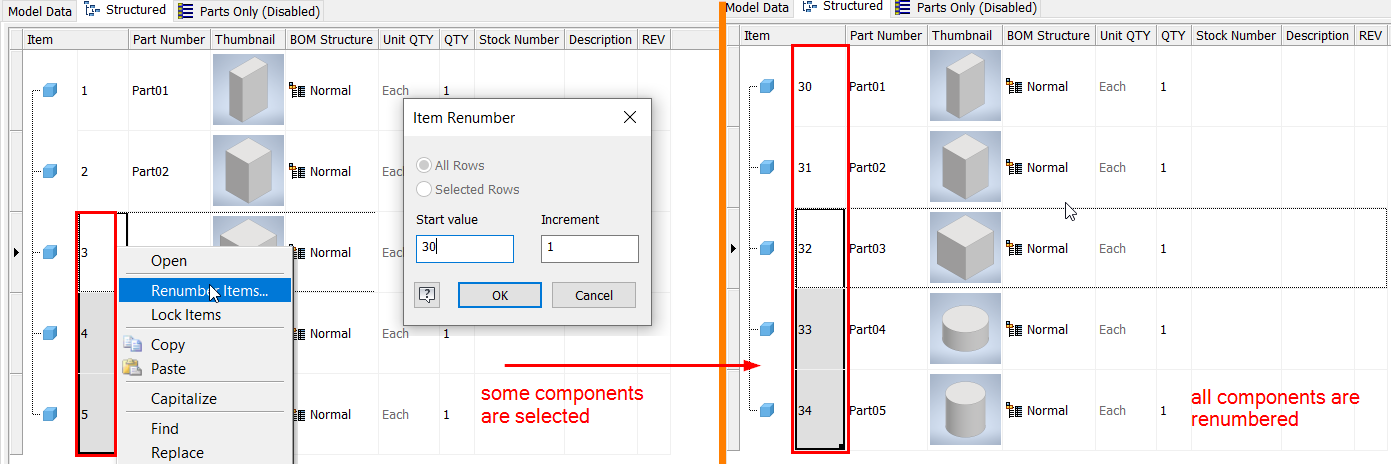 Cannot renumber only the selected components in BOM of an Inventor assembly