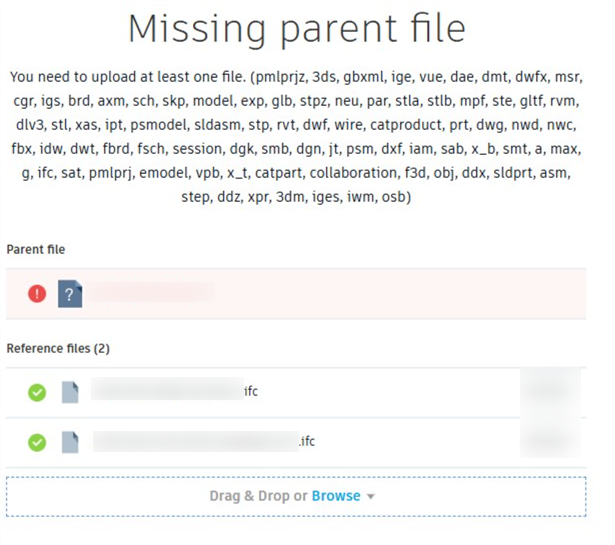 "Missing parent file" error message when uploading two IFC files to Autodesk Viewer