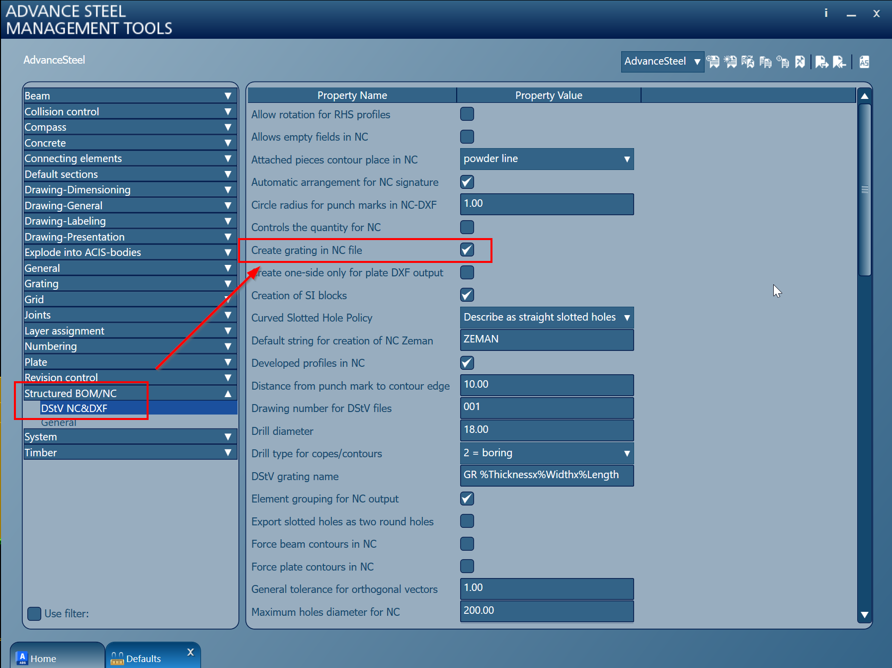 Advance Steel でグレーチングの NC ファイルおよび DXF ファイルを作成する