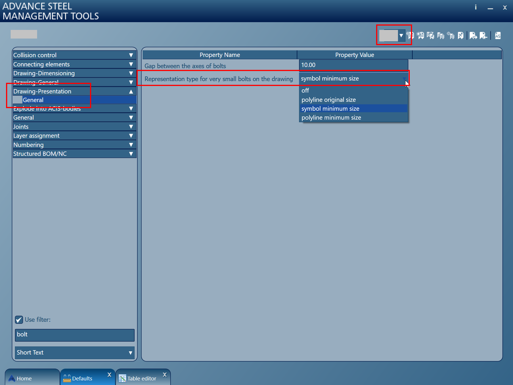 Bolt symbols appear too large in detail drawings and don't match bolt size in Advance Steel