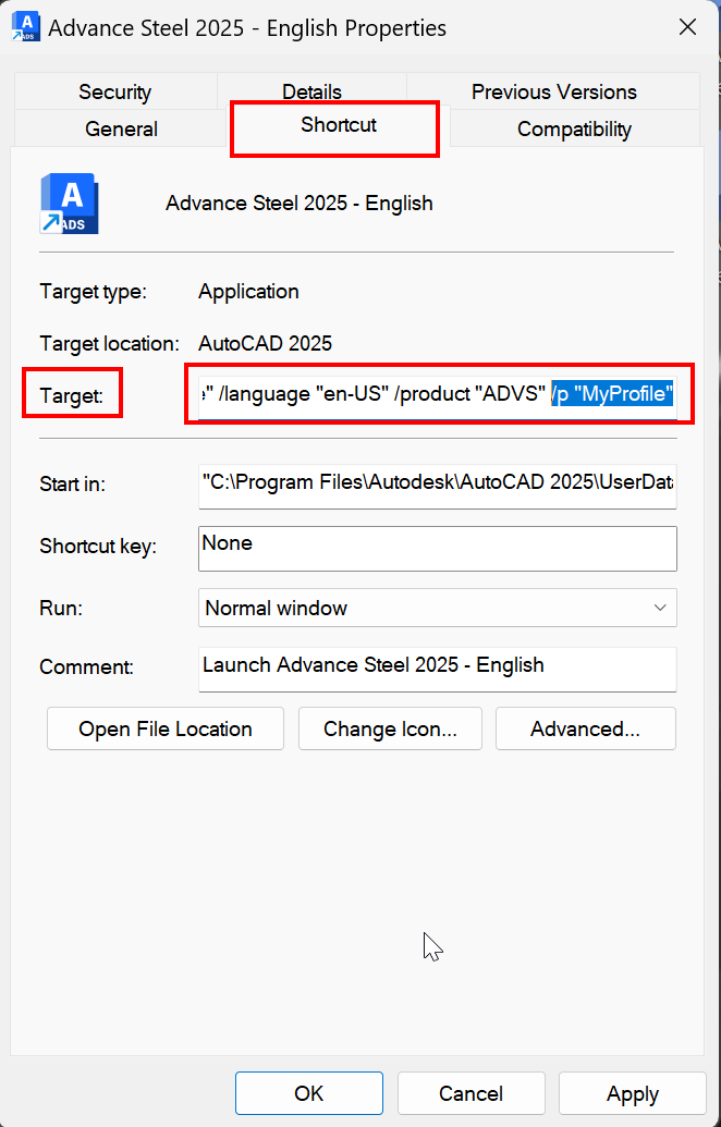 Starting Advance Steel with a different settings profile