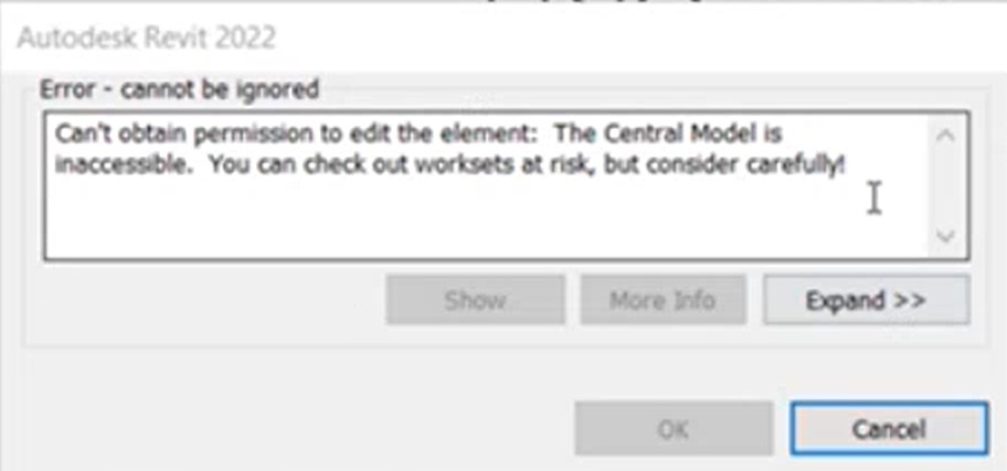 "Can't obtain permission to edit the element: The Central Model is ...