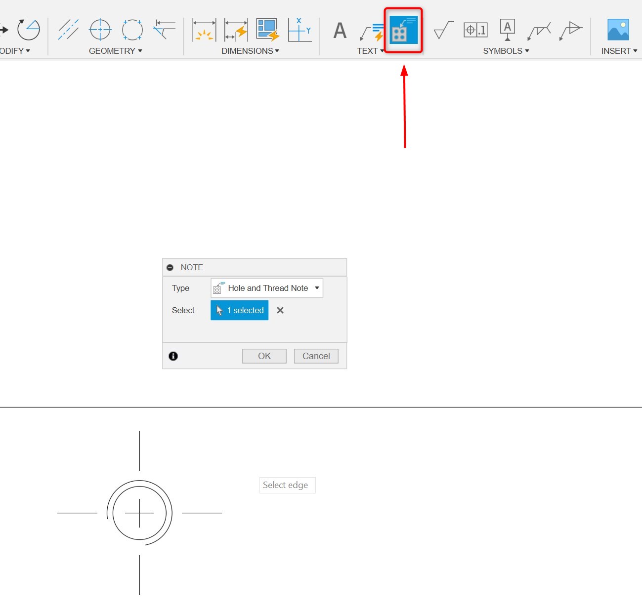 Unable to select holes with the Hole and Thread Note command in a Fusion Drawing
