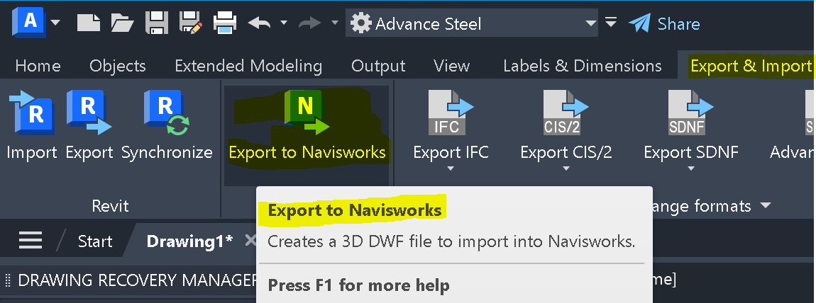 Exporting the Advance Steel model with block references to IFC format by Navisworks