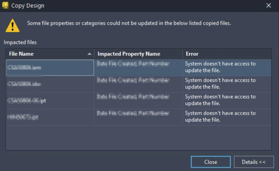 "System doesn't have access to update the file" when using Vault copy design