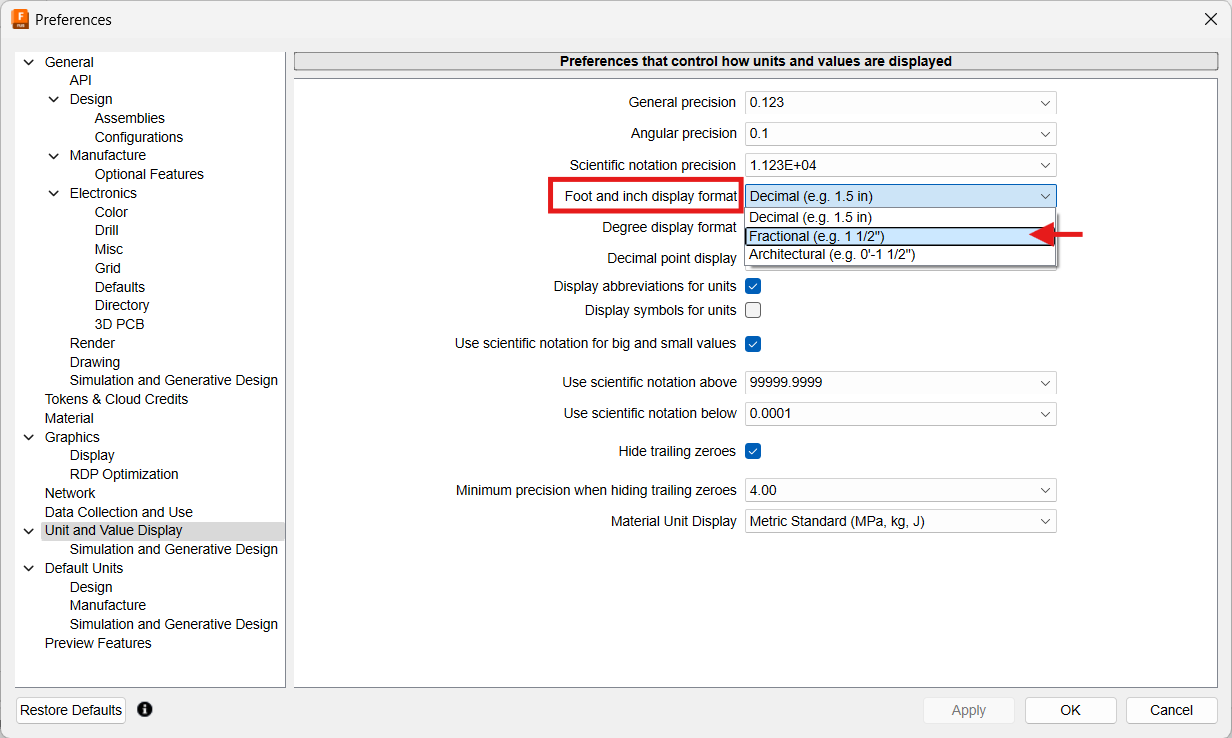 How to change the dimensions from decimal format to fractional format ...
