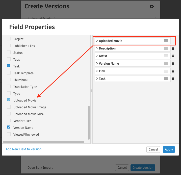 Unable to remove Uploaded Movie field from Version creation form in Flow Production Tracking