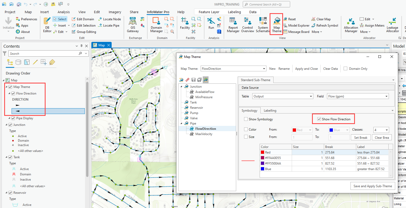 How to show flow direction arrows on pipes in InfoWater Pro